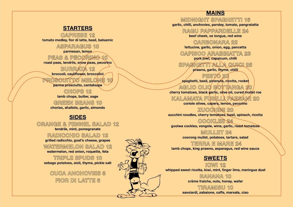 Menu at Midnight Spaghetti restaurant, Adelaide