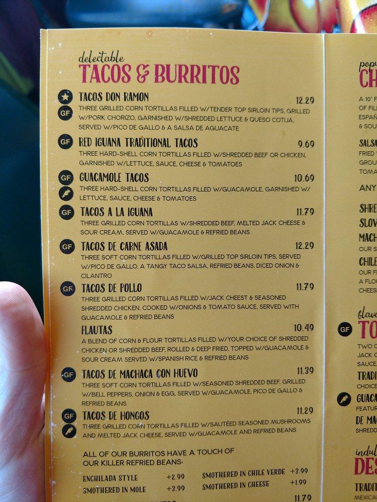 Menu at Red Iguana restaurant, Salt Lake City, 736 W North Temple St