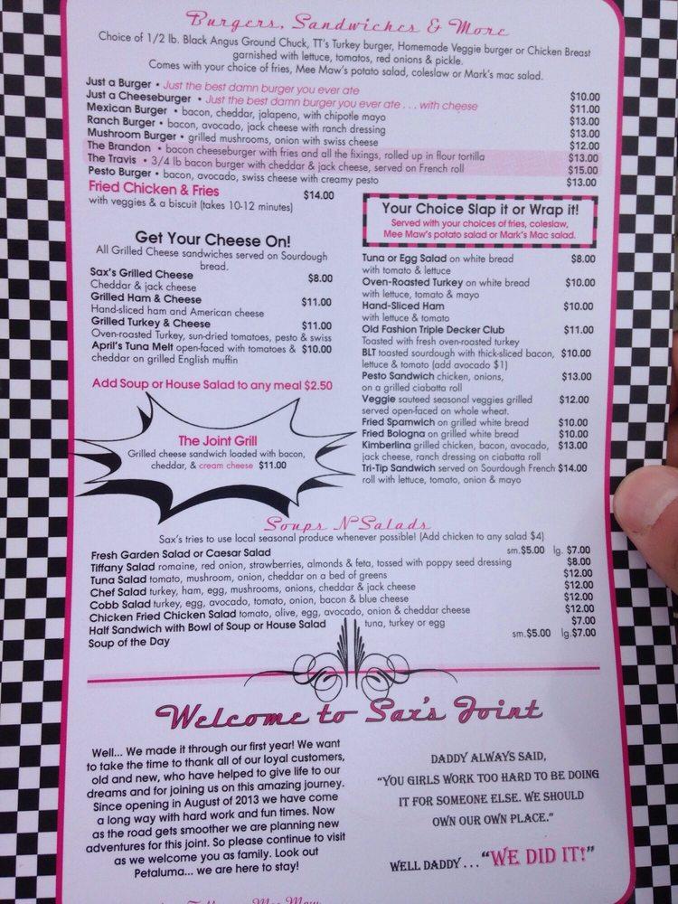 Menu at Sax's Joint restaurant, Petaluma