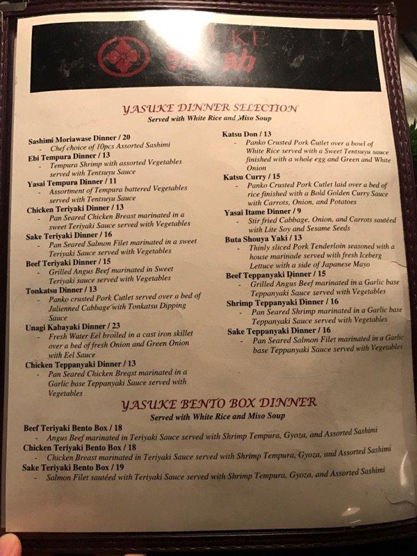Menu at Yasuke Japanese Sushi restaurant, McAllen
