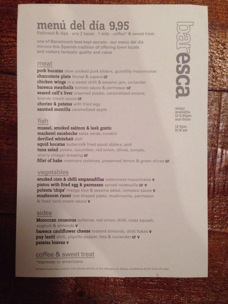 Menu at baresca, Nottingham