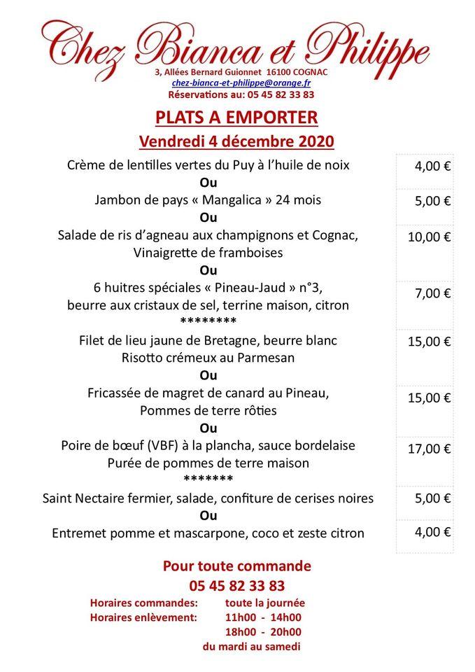 Menu au La Rôtisserie de Philippe restaurant, Cognac