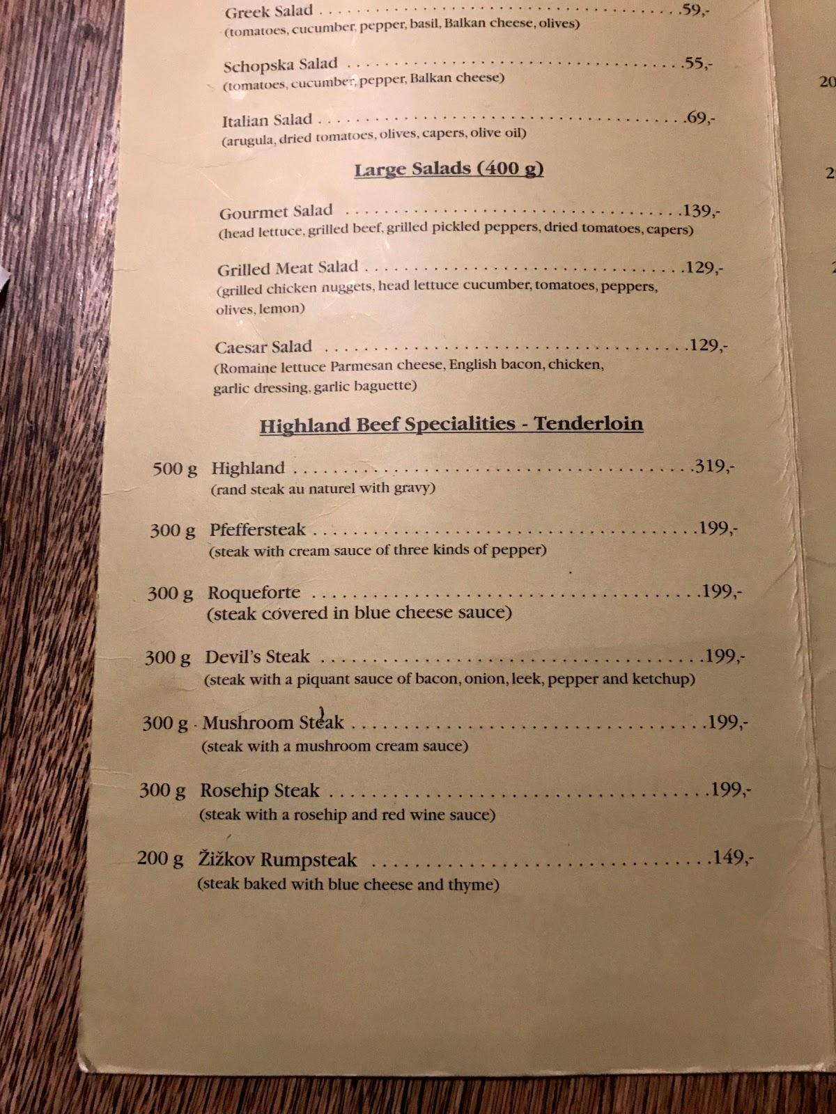 Menu at Highland Restaurant - Steak House, Prague