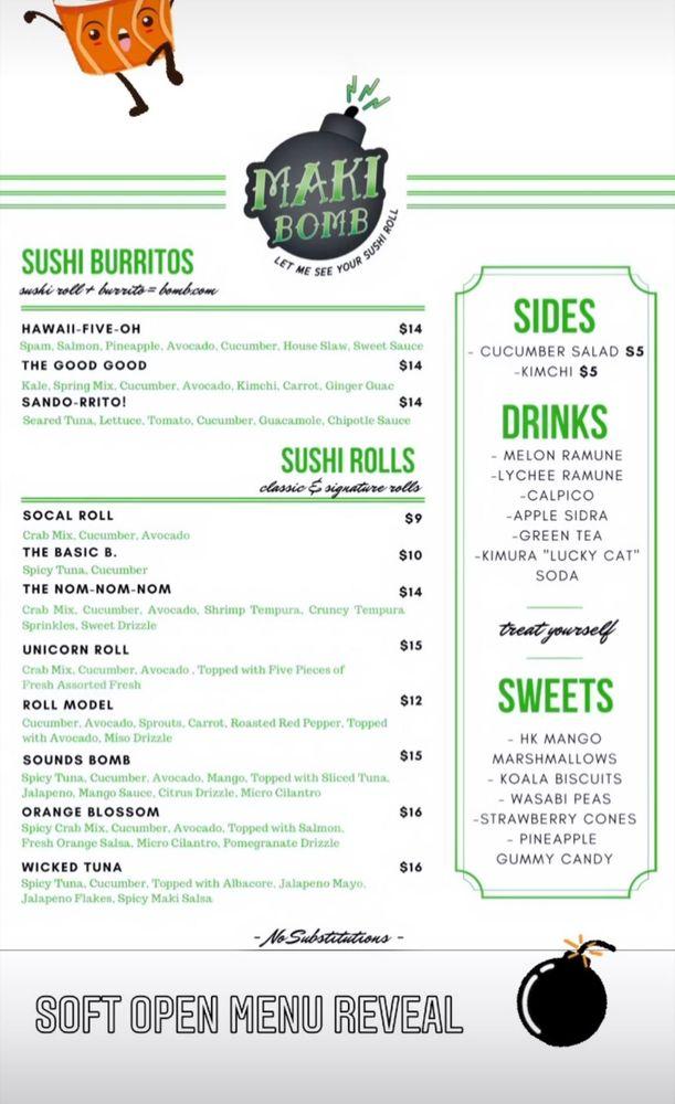 Menu at Maki Bomb restaurant, Riverside