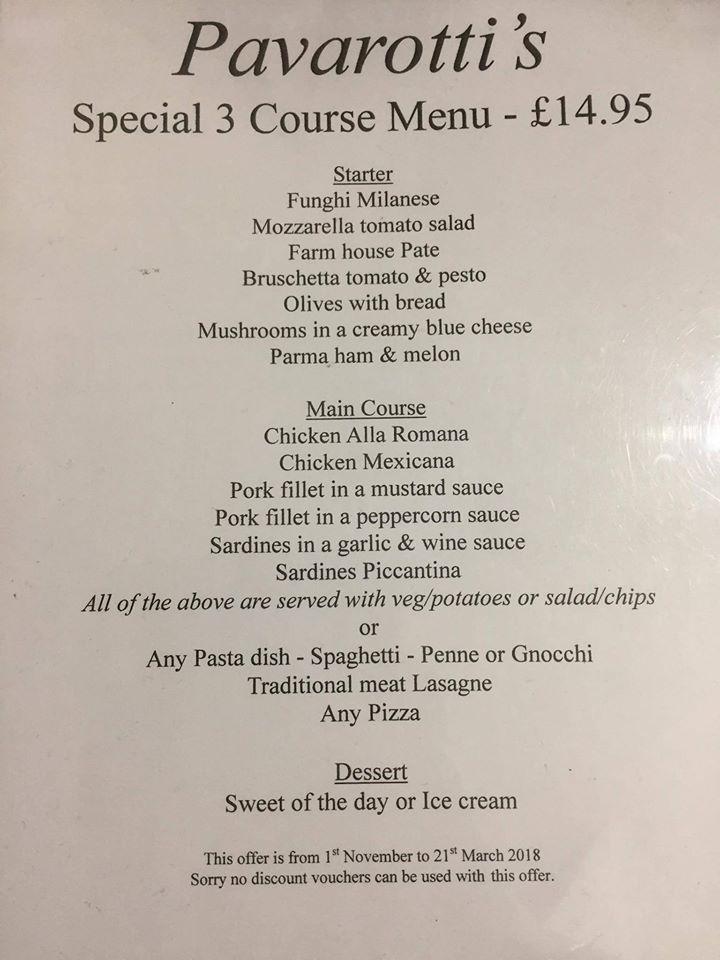 Menu at Pavarottis restaurant, Shanklin