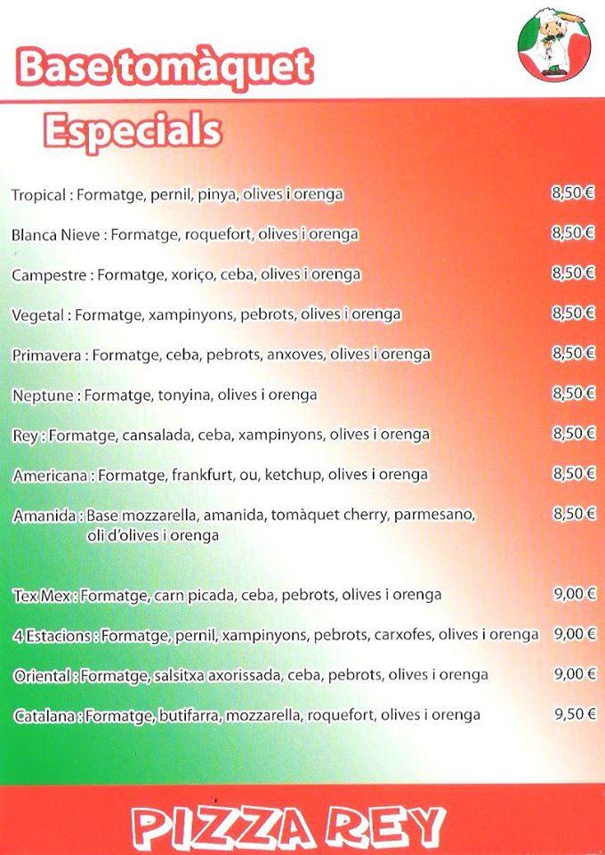 Menu at Pizza Rey restaurant, Santa Cristina d'Aro