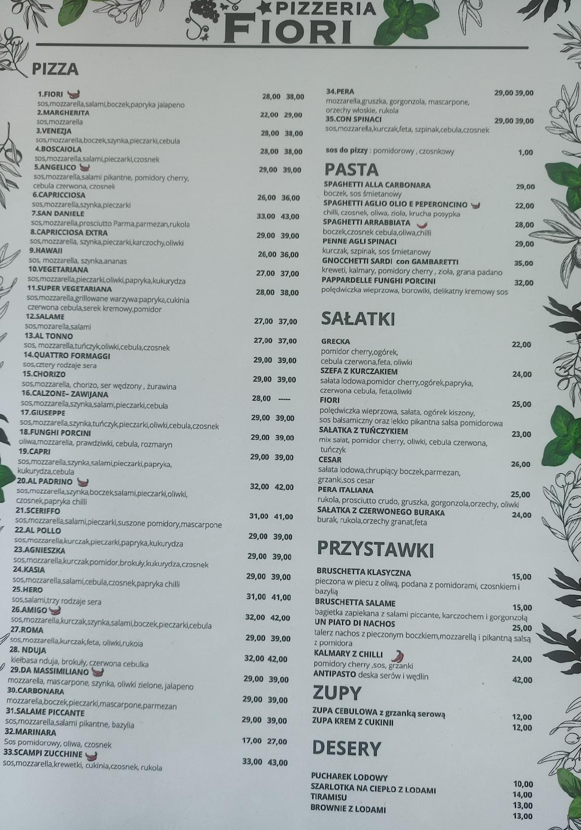 Menu at Pizzeria Fiori, Stalowa Wola, 1 Sierpnia 14