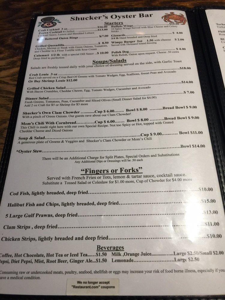 Menu at Shucker's Oyster Bar, Lincoln City, SE Hwy 101