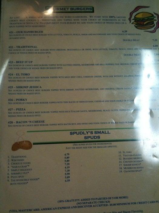 Menu at Spudly's Super Spuds restaurant, Metairie