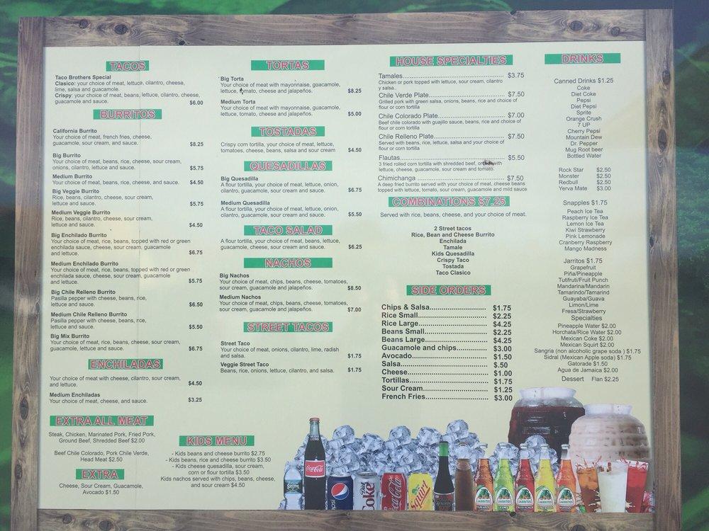 Menu at Taco brothers restaurant, Eureka