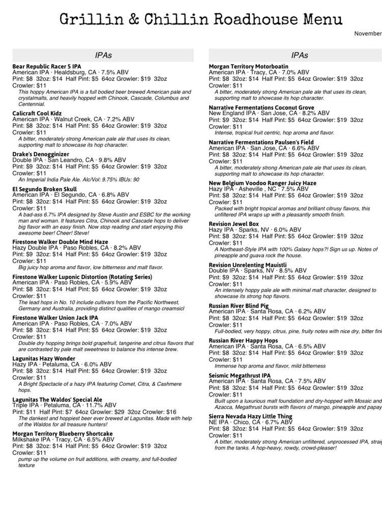 Menu at Grillin & Chillin Alehouse pizzeria, Hollister, 401 McCray St b24