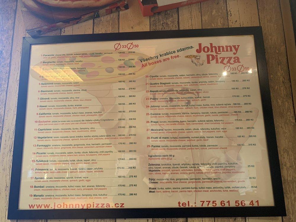 Menu at Johnny Pizza pizzeria, Prague