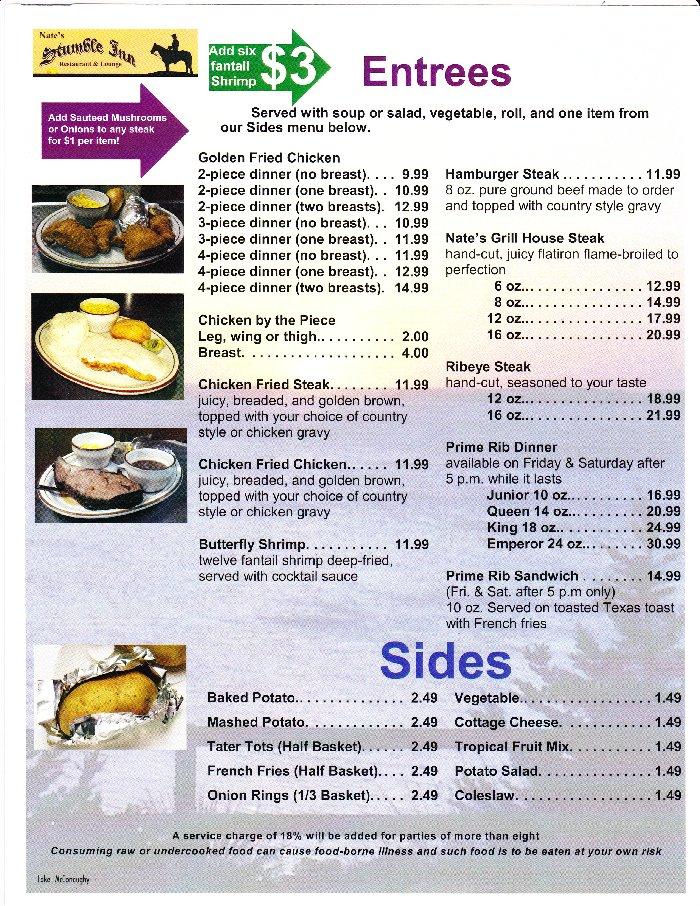 Menu at Nate's Stumble Inn pub & bar, Bennington