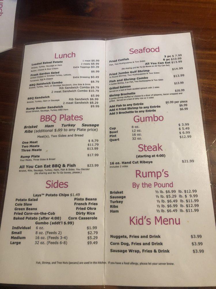Menu at Rump's BBQ, USA, 120 Farm-To-Market Rd 3328