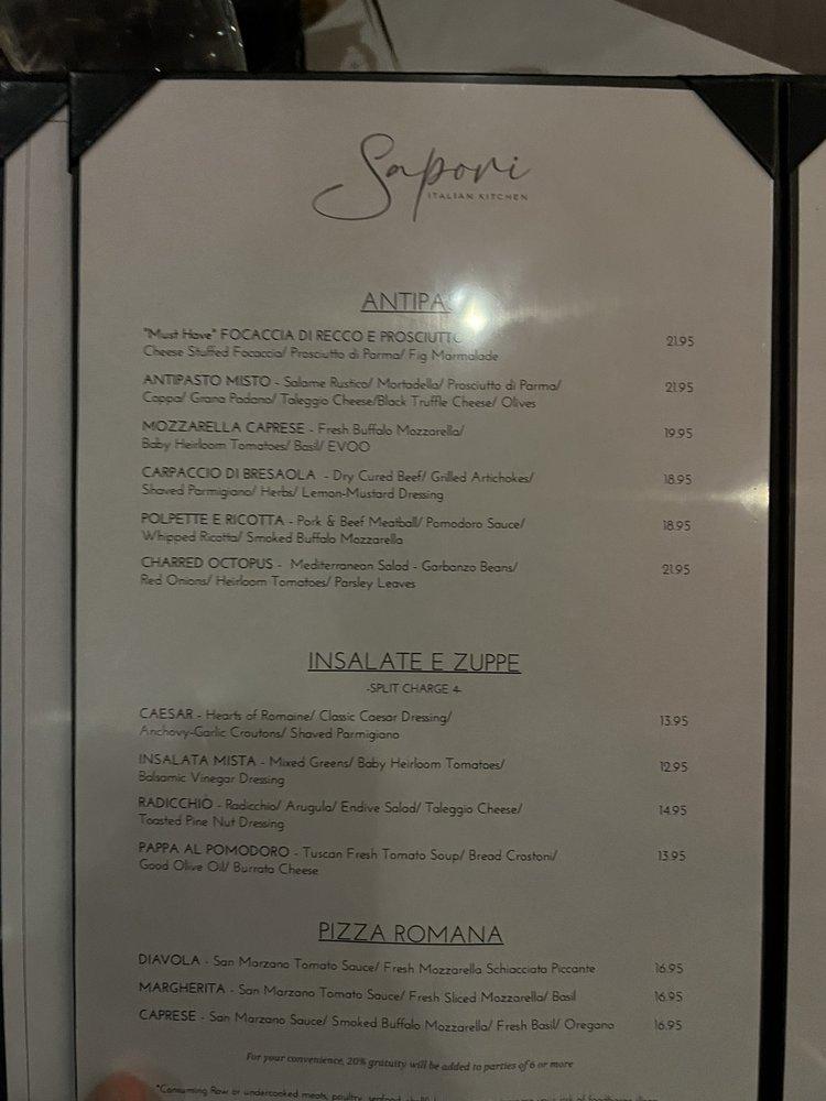 Menu at Sapori Italian Kitchen at Harrah's Lake Tahoe restaurant, Stateline