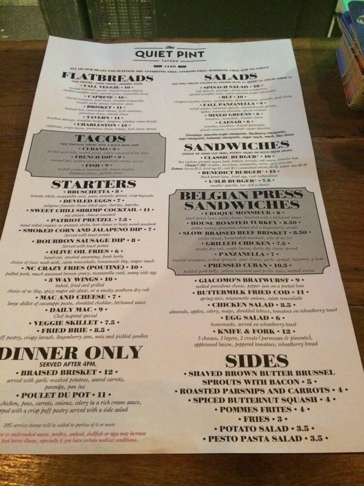 Menu at The Quiet Pint Tavern pub & bar, Winston-Salem