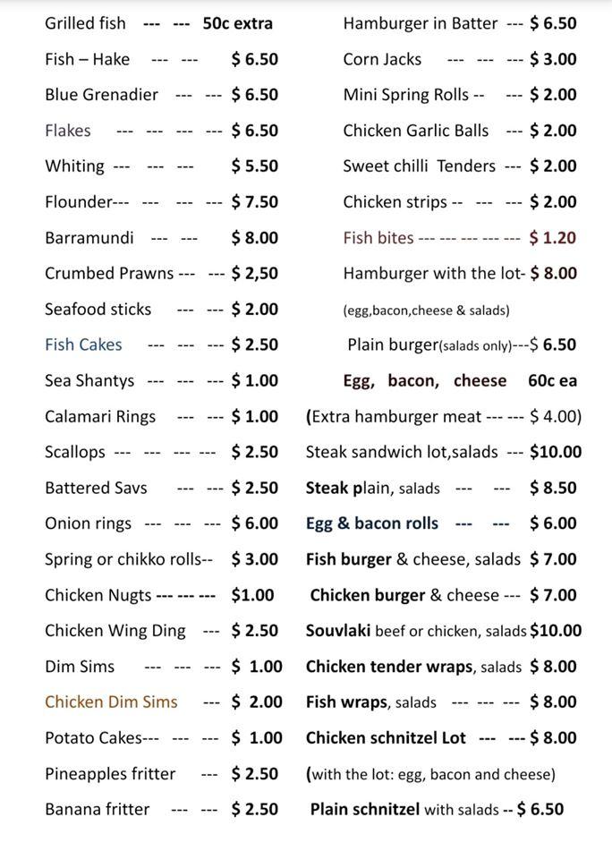 Menu at Yarrunga Take Away restaurant, Wangaratta