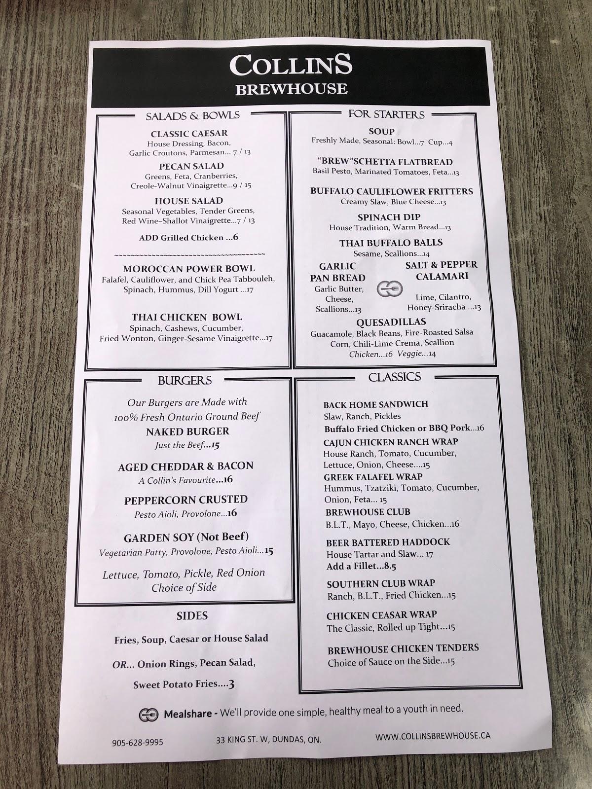 Menu at Collins Brewhouse pub & bar, Hamilton