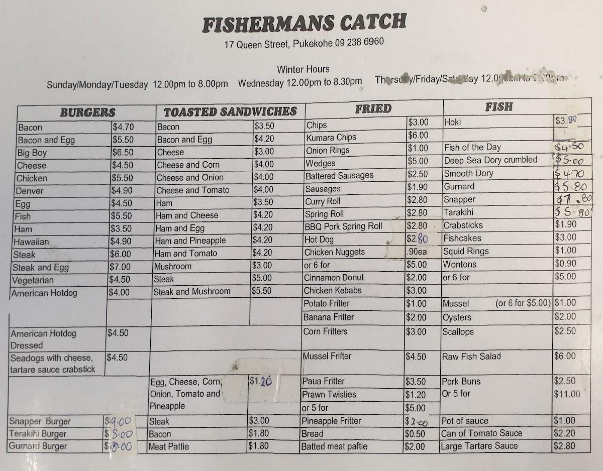 Menu at Fishermans Catch restaurant, Pukekohe