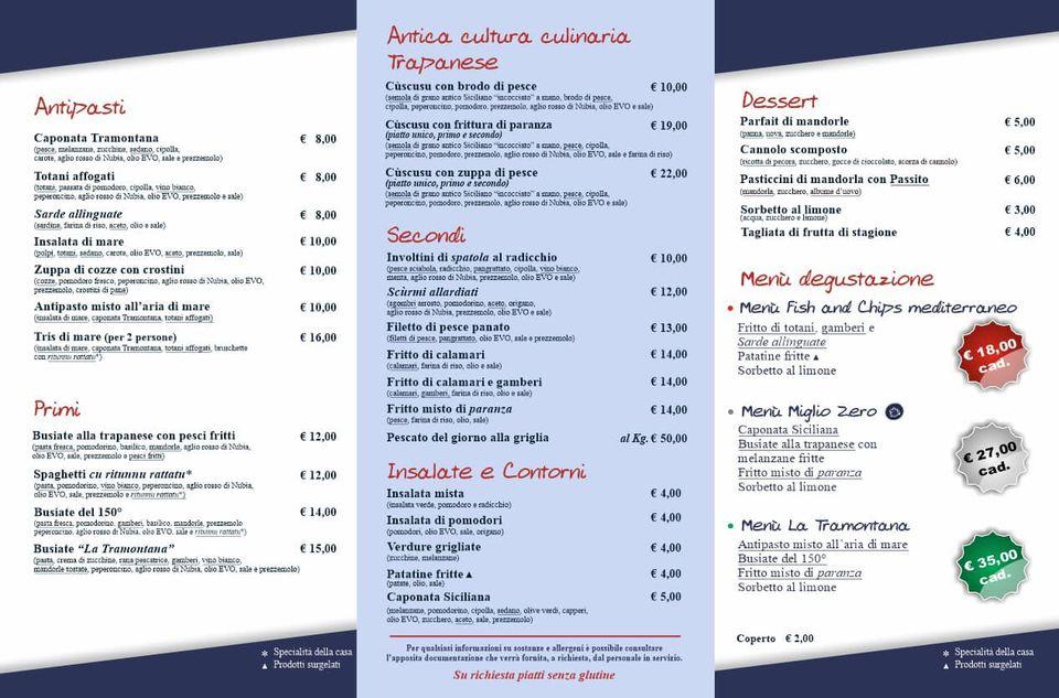 Menu da La Tramontana ristorante, Trapani