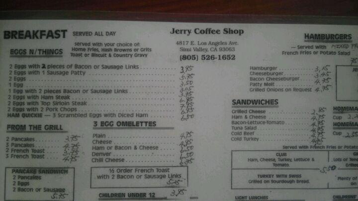Menu at Jerry's Coffee Shop cafe, Simi Valley