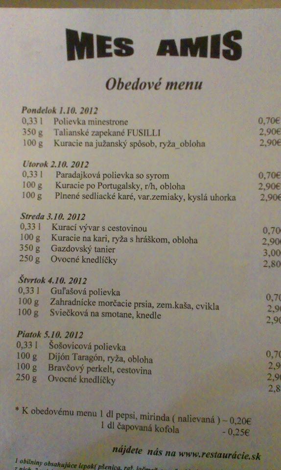 Menu at Mes Amis restaurant, Prešov