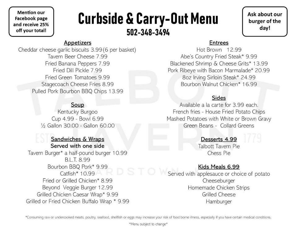 Menu at Old Talbott Tavern pub & bar, Bardstown