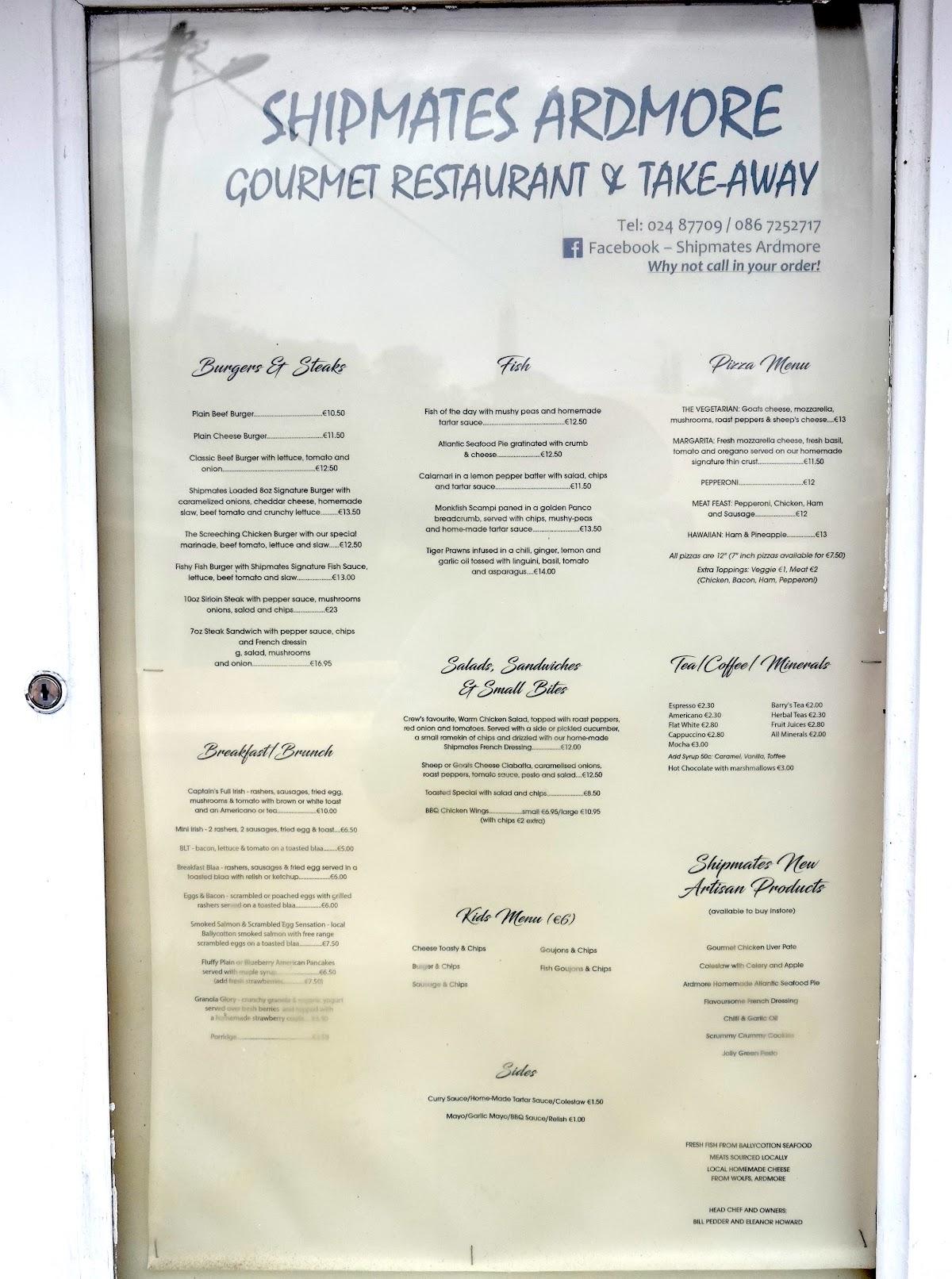 Menu at Shipmates Ardmore restaurant, Ardmore