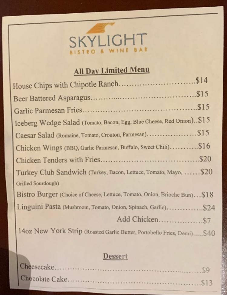 Menu at Skylight Bistro & Wine Bar, Indianapolis
