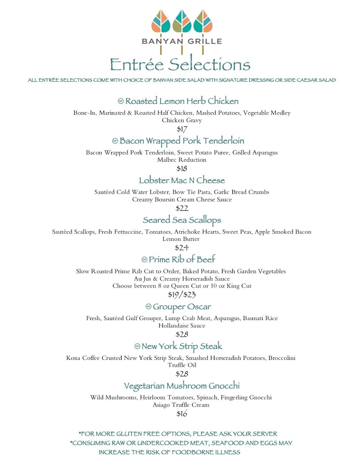 Menu at The Banyan Grille restaurant, Fort Myers Beach