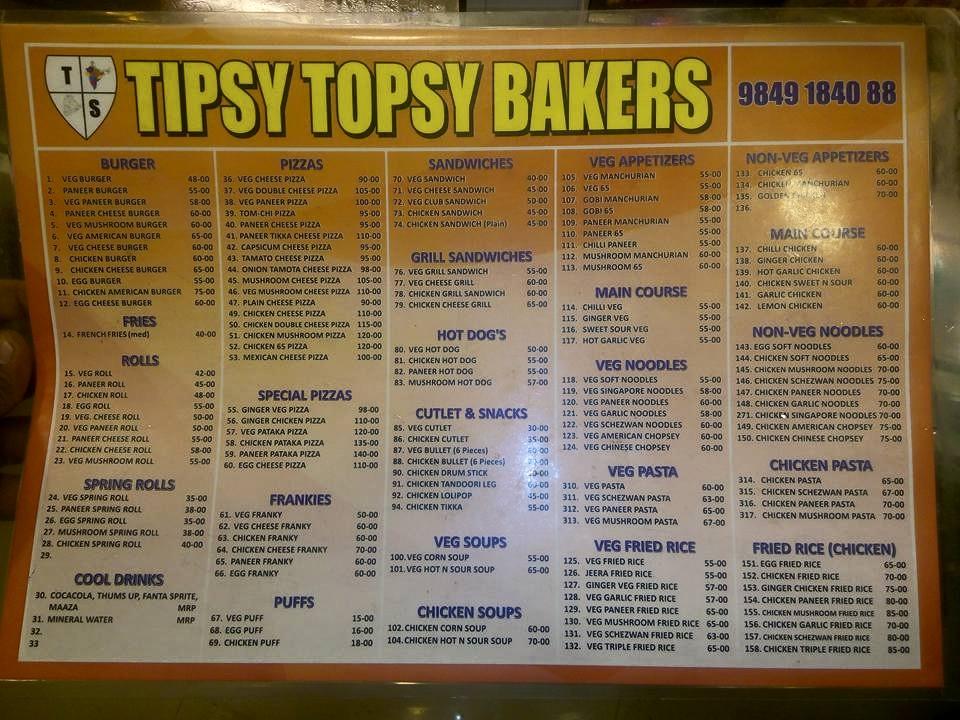Menu at Tipsy Topsy Bakers, Hyderabad, CCPW+QRR