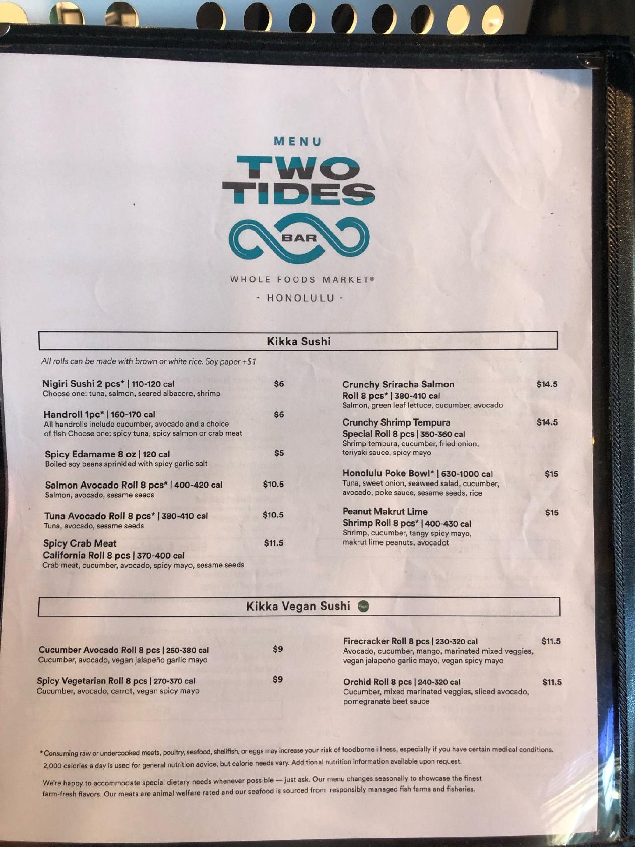 Menu at Two Tides Bar, Honolulu