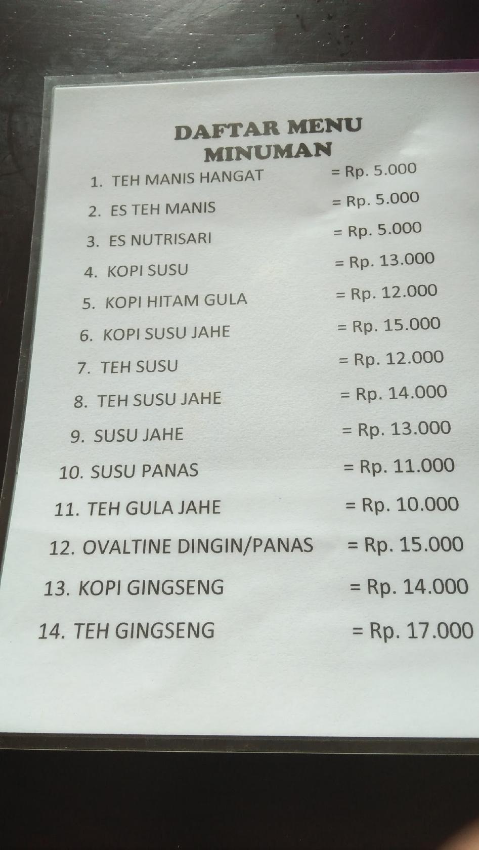 Menu at Warung Makan dan Kopi Pagi restaurant, Teluk Ambon