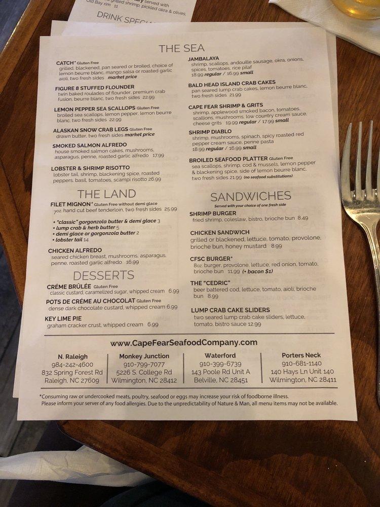 Menu at Cape Fear Seafood Company pub & bar, Wilmington, College Rd #5