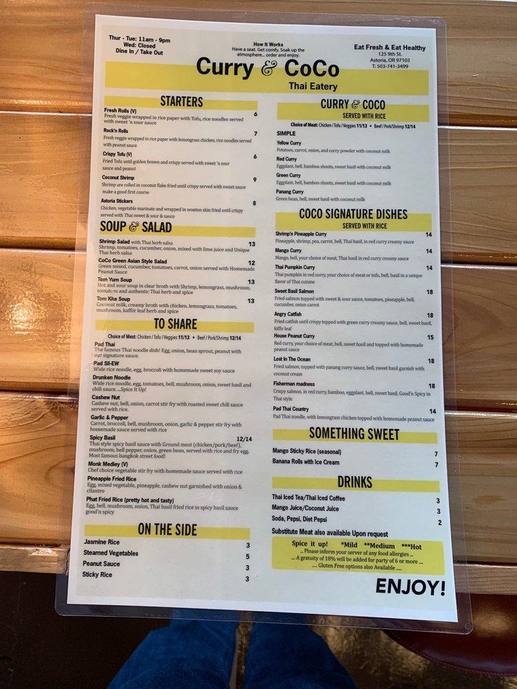Menu at Curry&CoCo Thai Eatery restaurant, Astoria