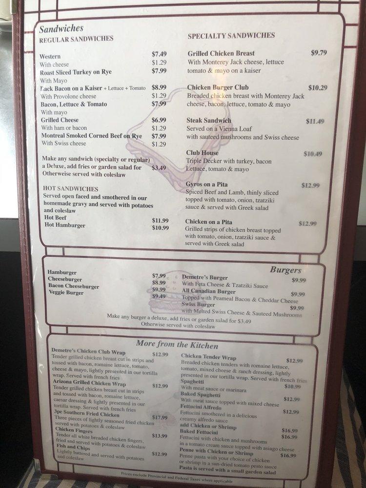 Menu at Demetre's Family Eatery restaurant, Stratford