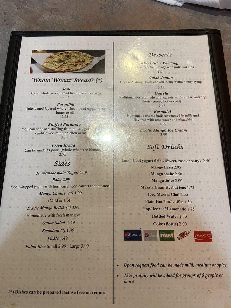 Menu at Exotic India restaurant, Coralville