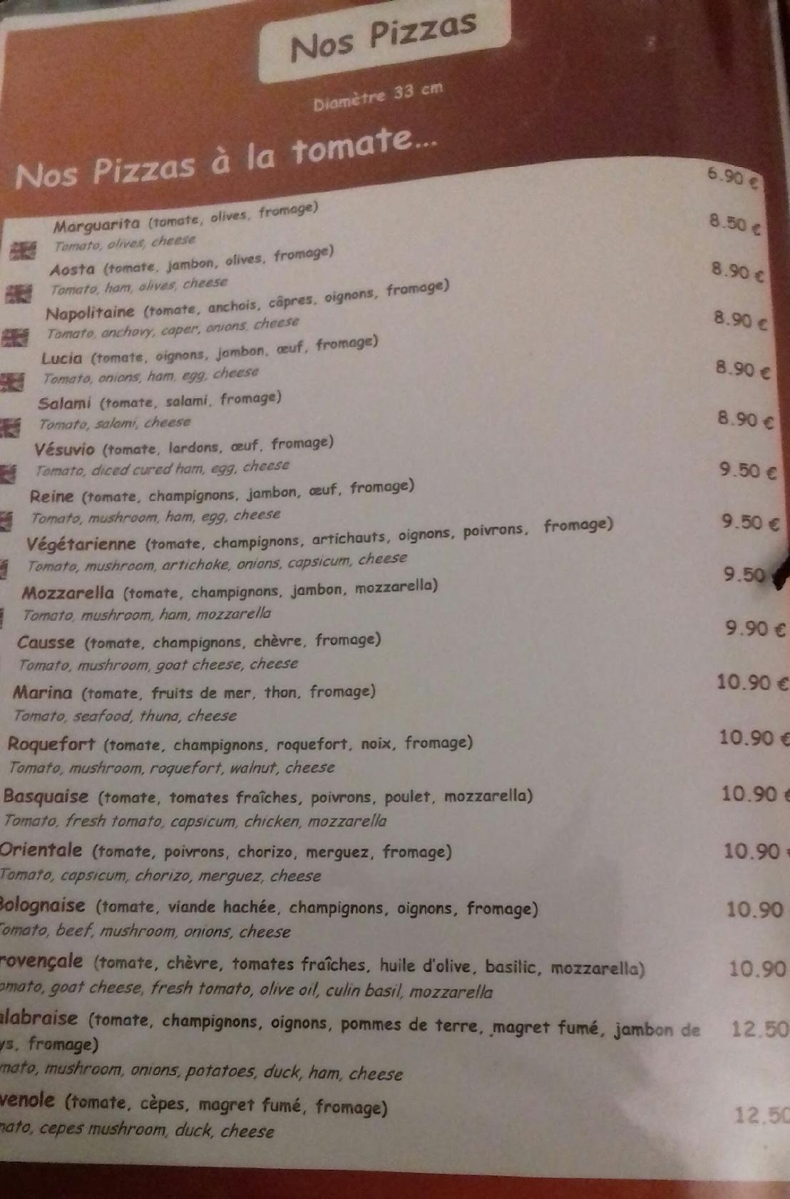Menu at La Calabrese restaurant, Sainte-Enimie