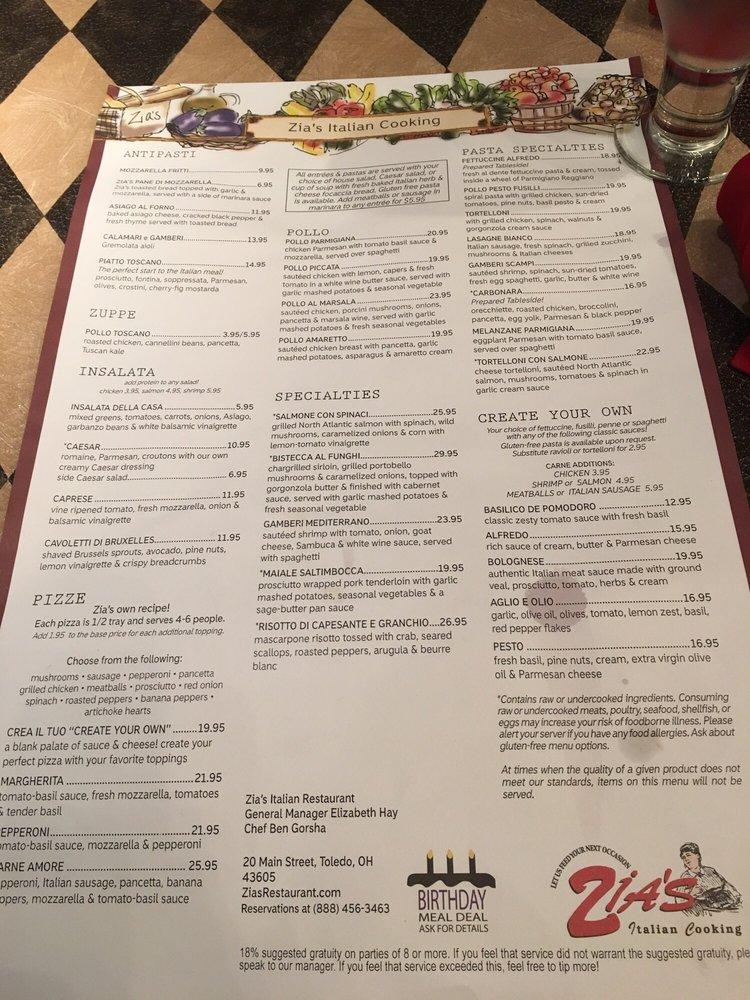 Menu at Zia's pizzeria, Toledo, 20 Main St