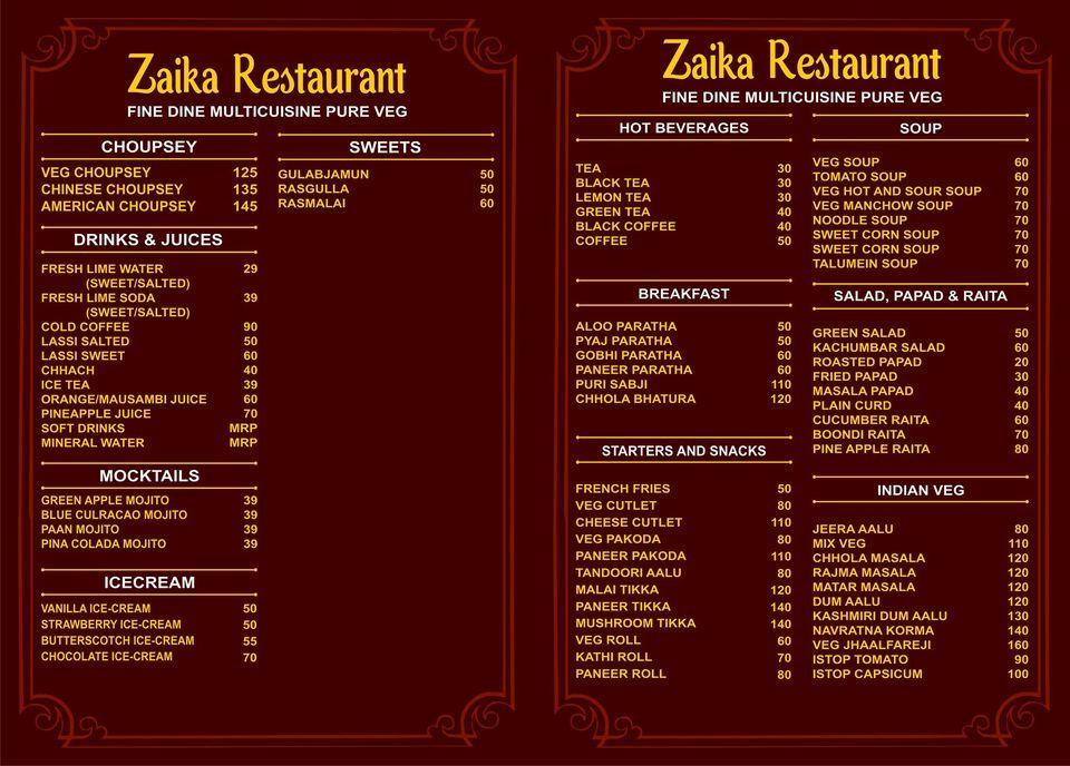 Menu at zaika restaurant, Deoria