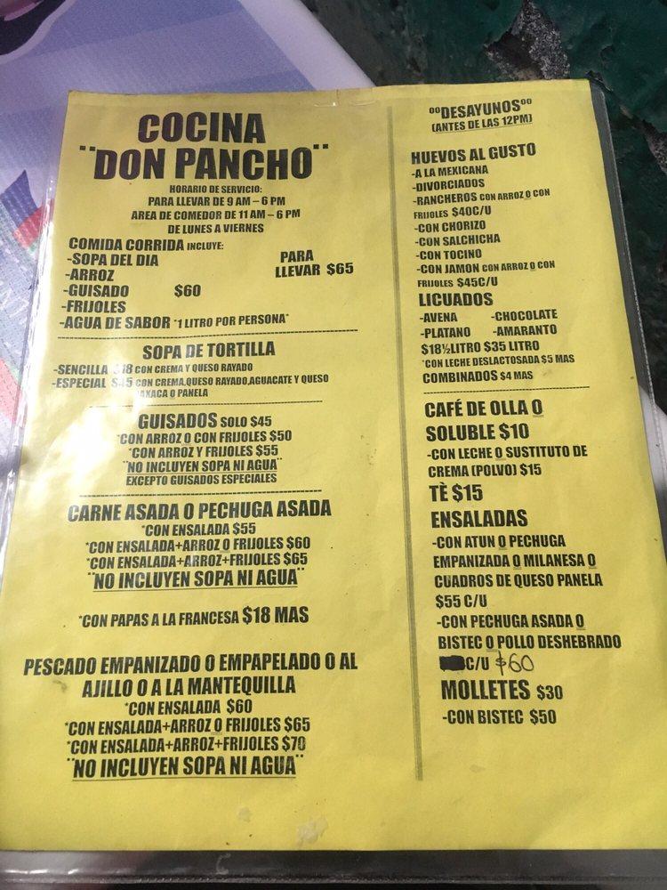 Menu at Cocina "Don Pancho" restaurant, Mexico City, C. 4 Pte. 1