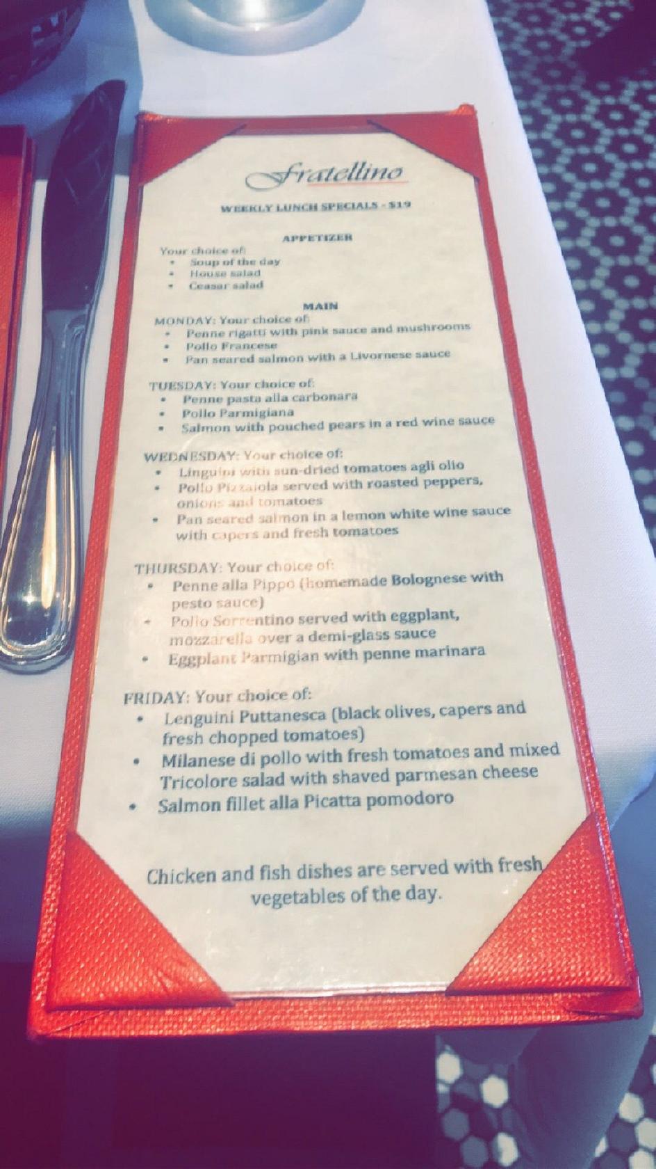 Menu at Fratellino Ristorante restaurant, Coral Gables