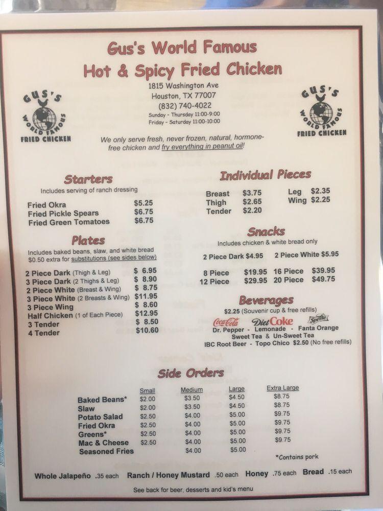 Menu at Gus's World Famous Fried Chicken restaurant, Houston ...