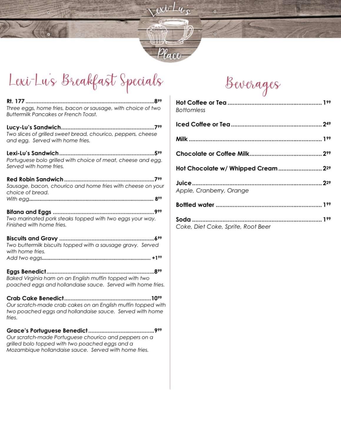 Menu at Lexi-Lu's Place restaurant, Westport