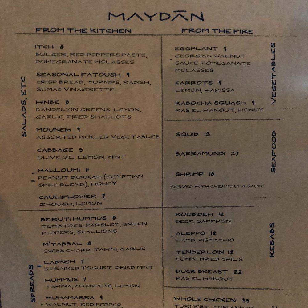 Menu at Maydan restaurant, Washington, Florida Ave NW