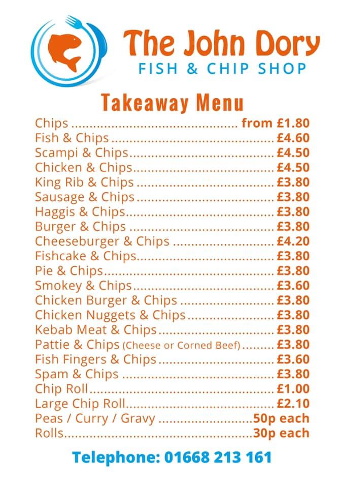 Menu at The John Dory fast food, Belford