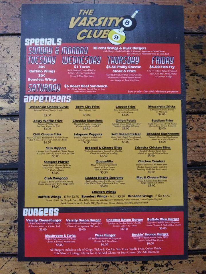 Menu at The Varsity Club, Oshkosh
