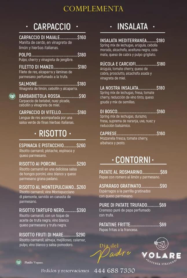 Carta del restaurante Volare Ostería, San Luis Potosi
