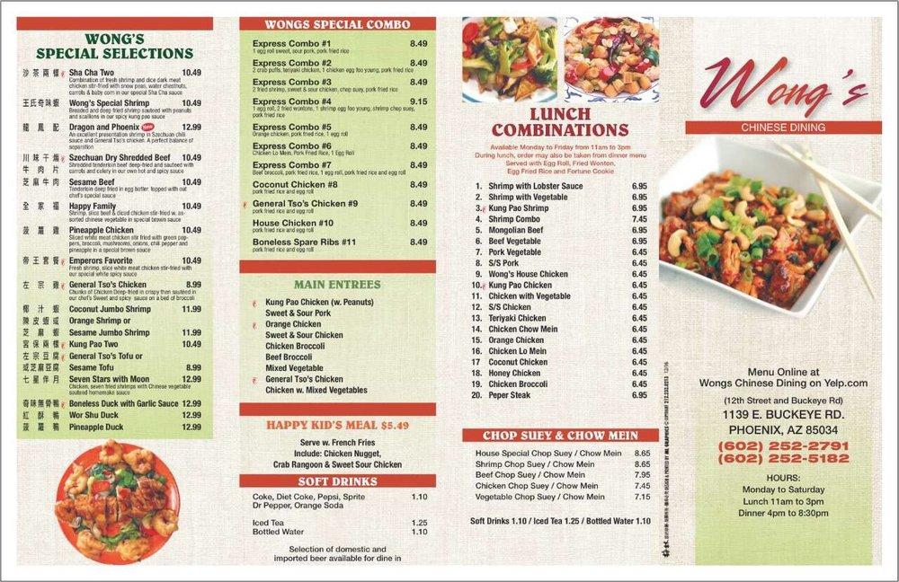 Menu at Wong's Chinese Dining restaurant, Phoenix, E Buckeye Rd