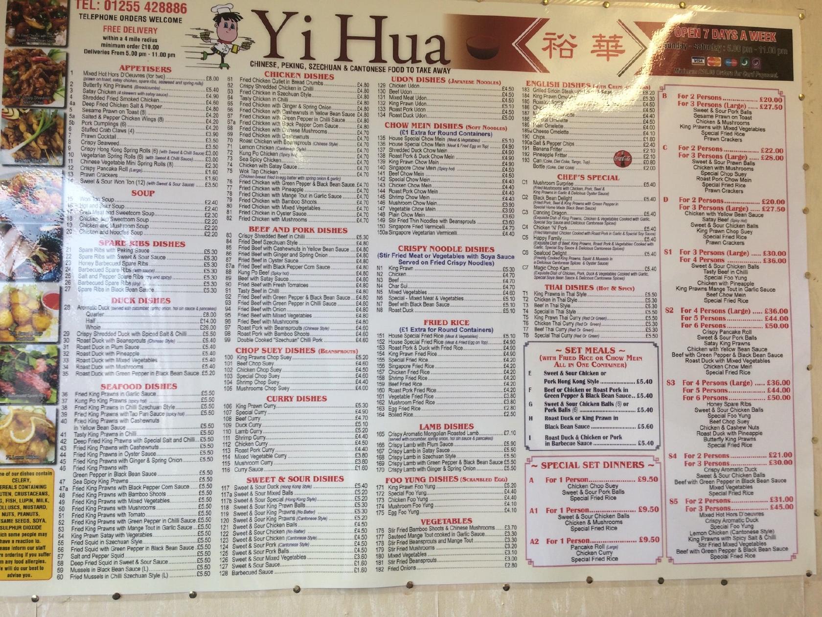 Menu at Yi Hua fast food, Clacton-on-Sea